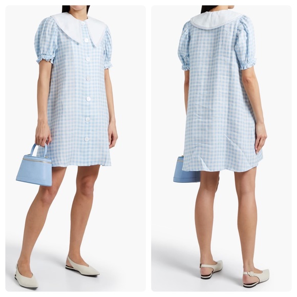 Sleeper | Dresses | Sleeper Marie Lacetrimmed Checked Linen Mini Dress ...